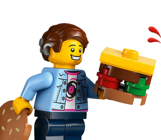 Ciężarówka food truck z burgerami LEGO ludzik z implantem ślimakowym ...